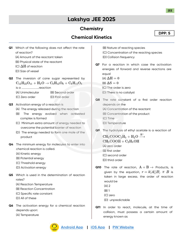 Chemical Kinetics - DPP 05 (Of Lec 07) - Lakshya JEE 2025 | PDF | Chemical Reactions ...