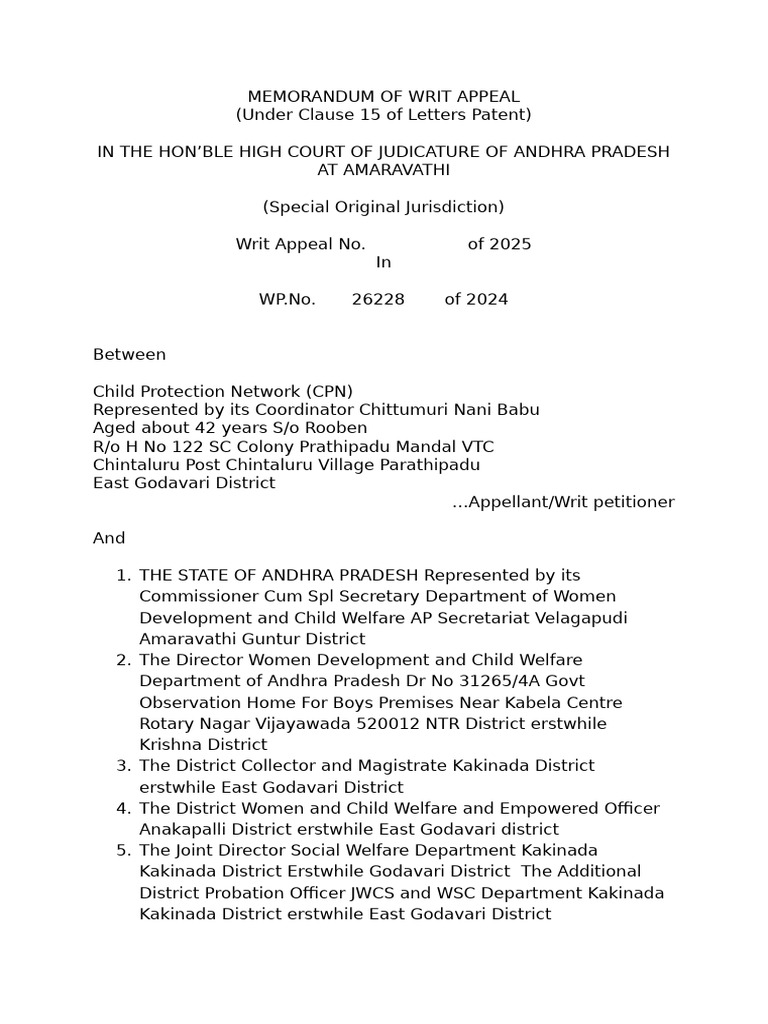 Writ Appeal CHILD PROTECTION NETWORK | PDF | Appeal | Judge