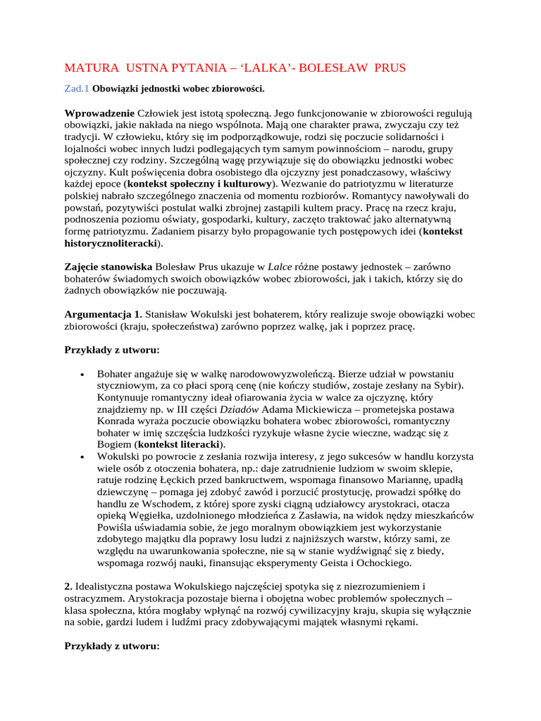 Matura Ustna LALKA B. Prus | PDF