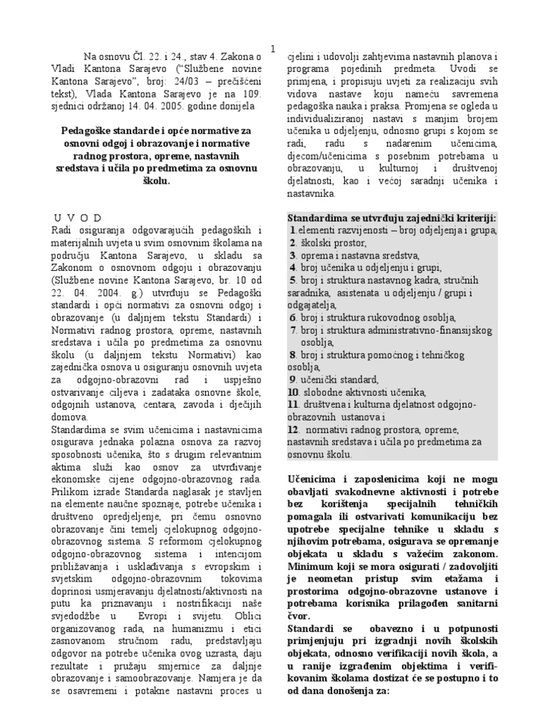Pedagoski Standardi I Normativi Osnovne Skole - Najnoviji | PDF