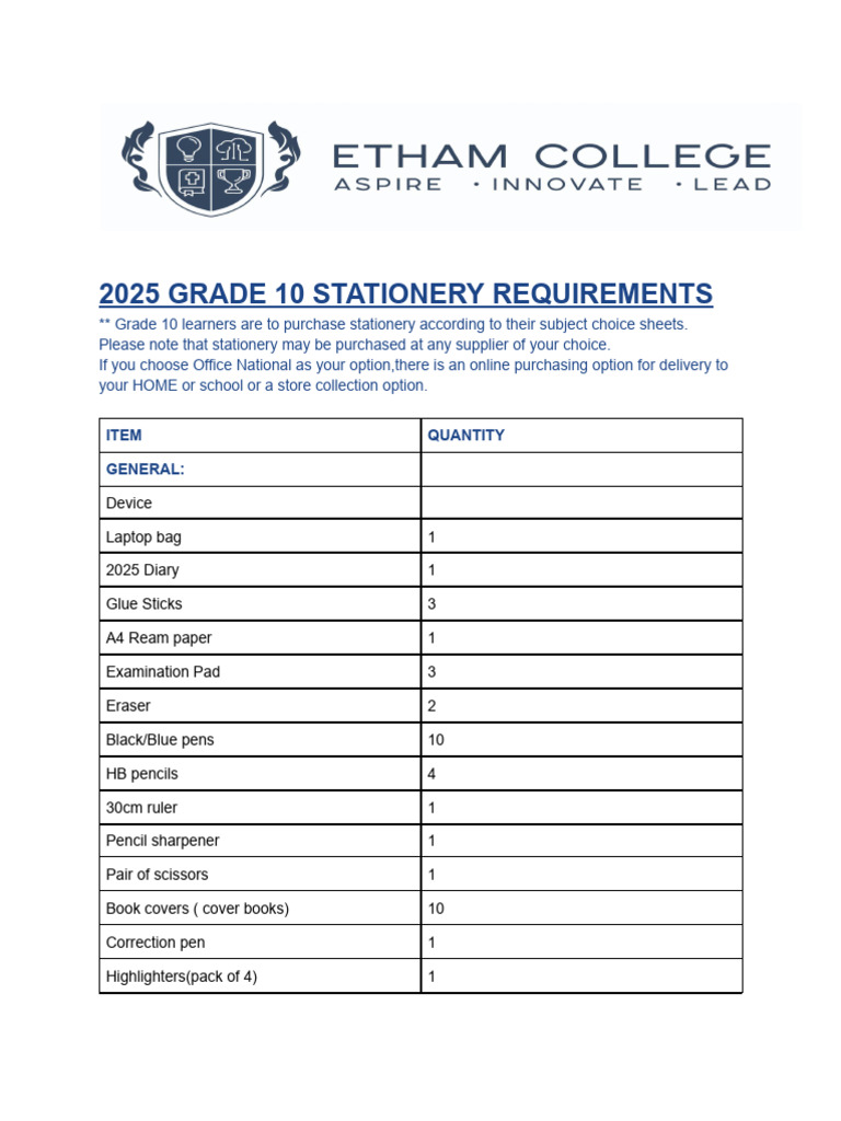 2025 Grade 10 Stationery Requirements | PDF | Notebook | Pencil