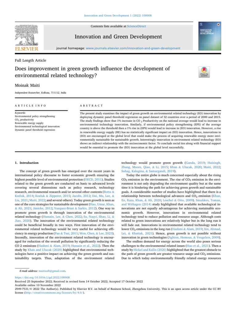 Does Improvement in Green Growth Influence The Develo 2022 Innovation ...