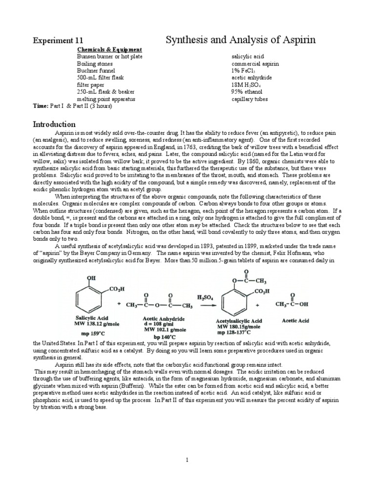 Synthesis and Analysis of Aspirin: Experiment 11 | PDF | Aspirin ...