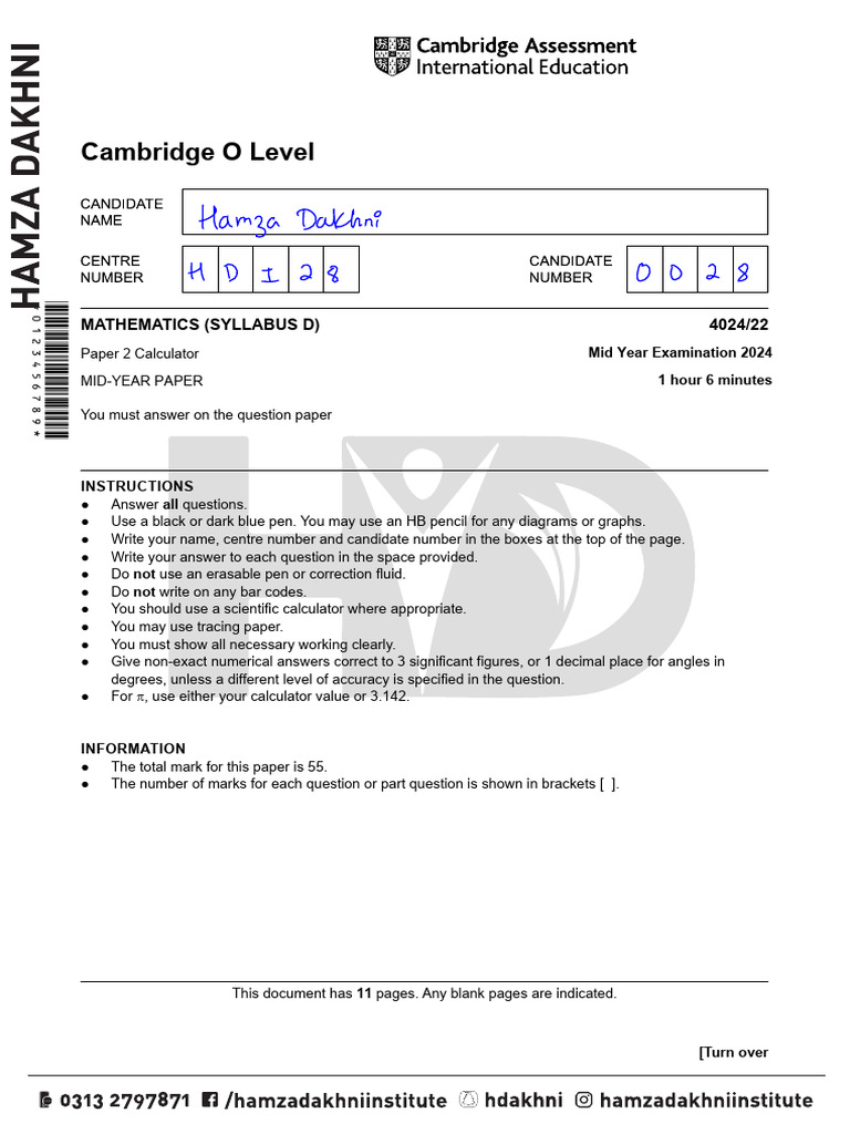 HDI MYE 24 Maths P2 Solved | PDF | Area | Geometric Shapes