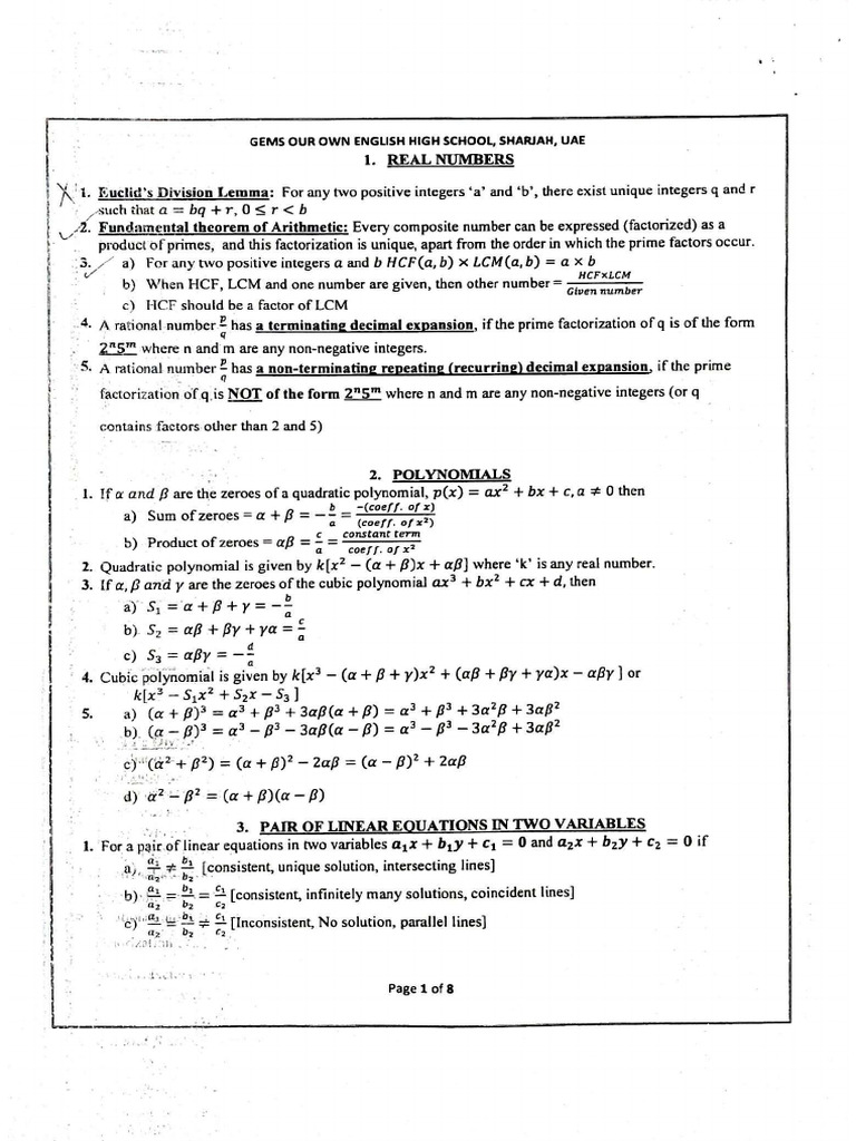 10 Maths Chapterwise Formulae | PDF