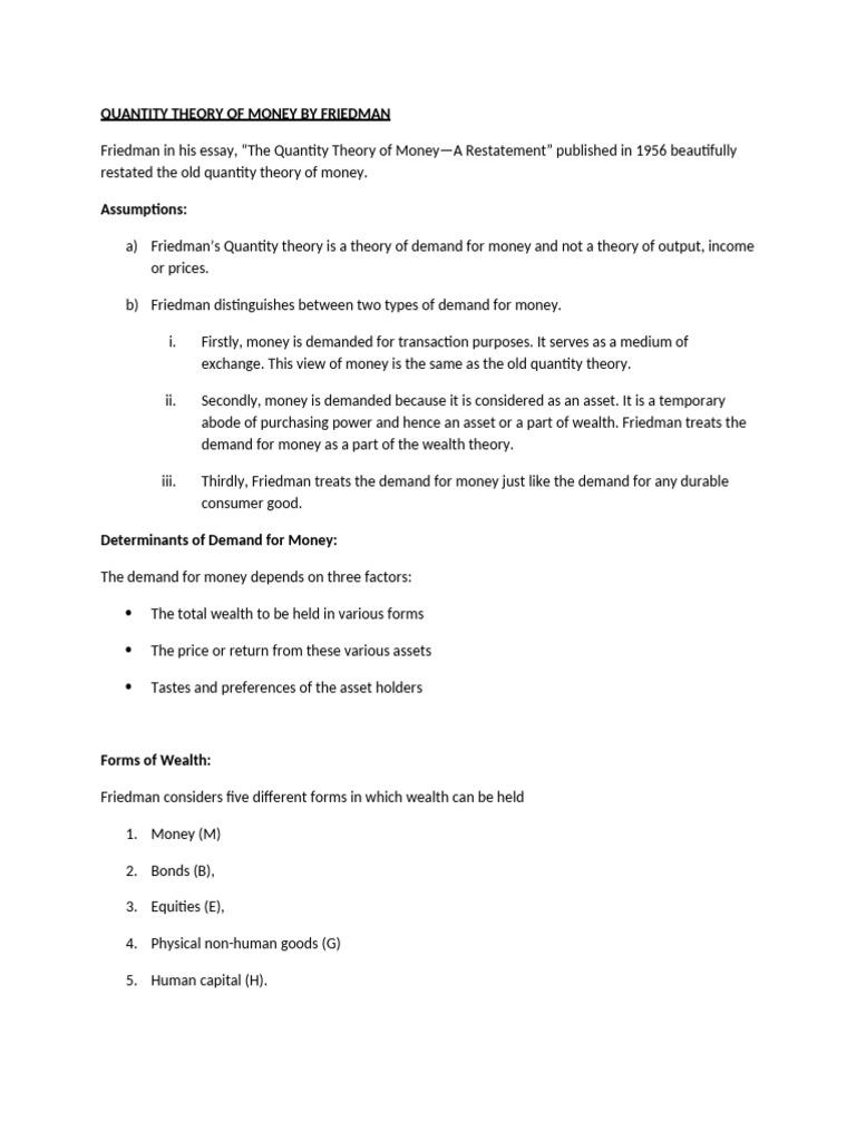 Quantity Theory of Money by Friedman | PDF