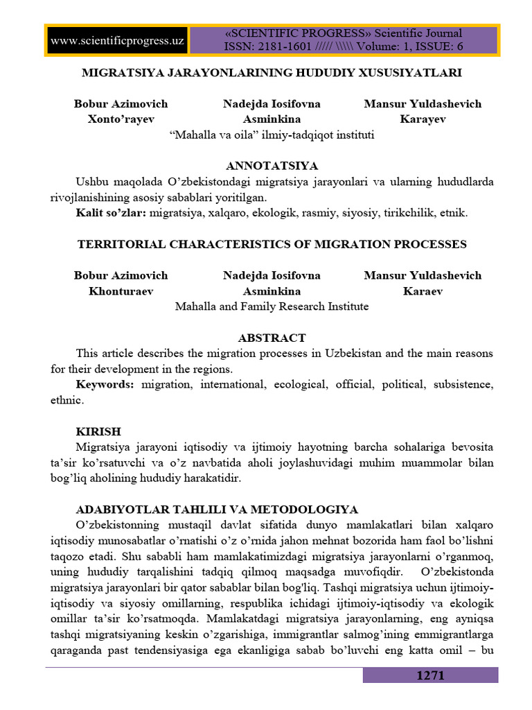 Migratsiya Jarayonlarining Hududiy Xususiyatlari | PDF