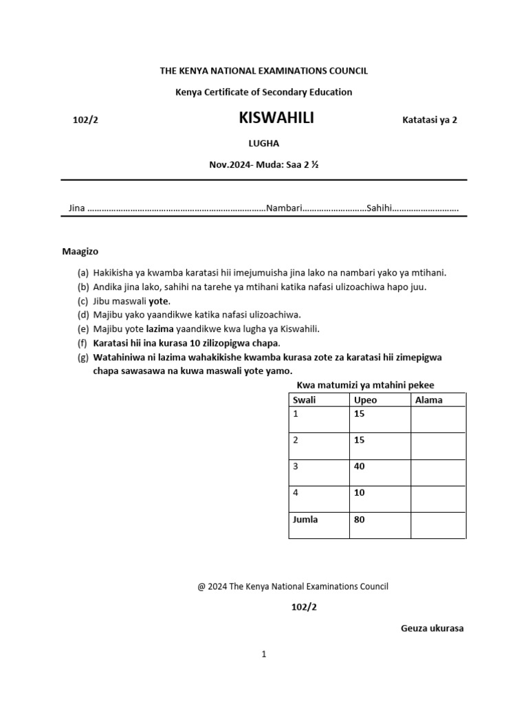 Kiswahili Lugha Kcse 2024 HD | PDF