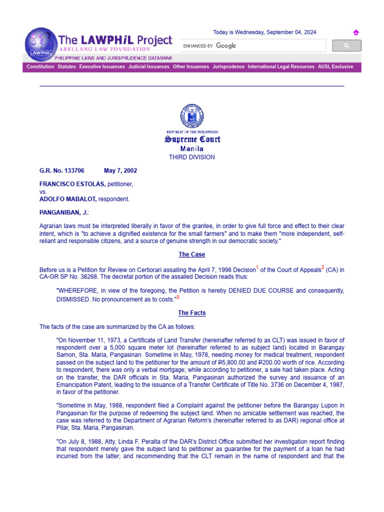 Agrarian Law Case Review: Estolas vs. Mabalot | PDF | Leasehold Estate ...
