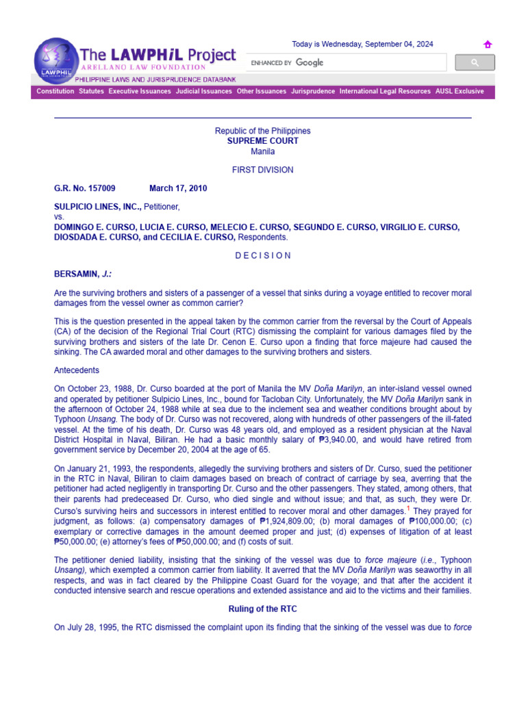 G.R. No. 157009 Sulpicio Lines, Inc vs. Curso | PDF | Damages | Intestacy