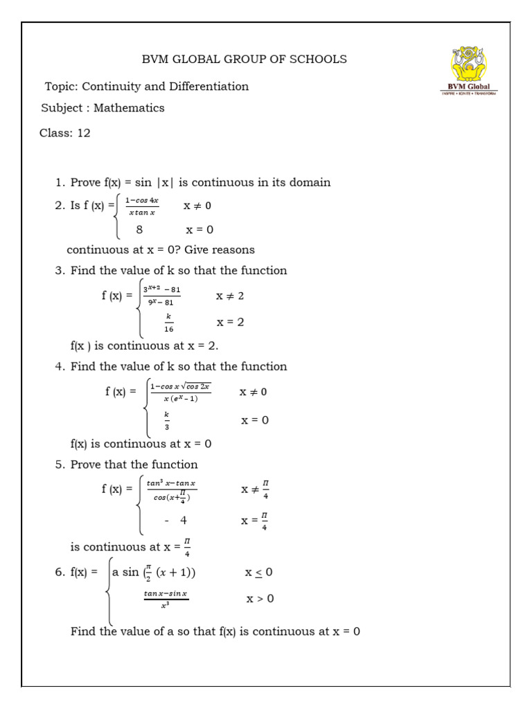 Continuity and Differentiation Ws | PDF | Mathematics | Mathematical Analysis