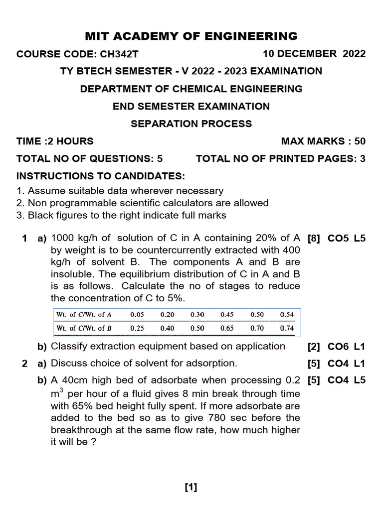 TY-Btech_CH_Separtion Process_SEM -VII_DEC 2022 | PDF | Adsorption | Membrane
