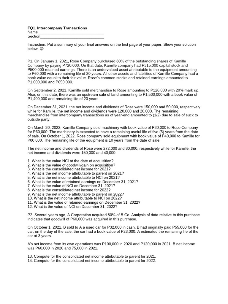 FQ1 Business Combination - Intercompany Transactions | PDF | Book Value | Retained Earnings