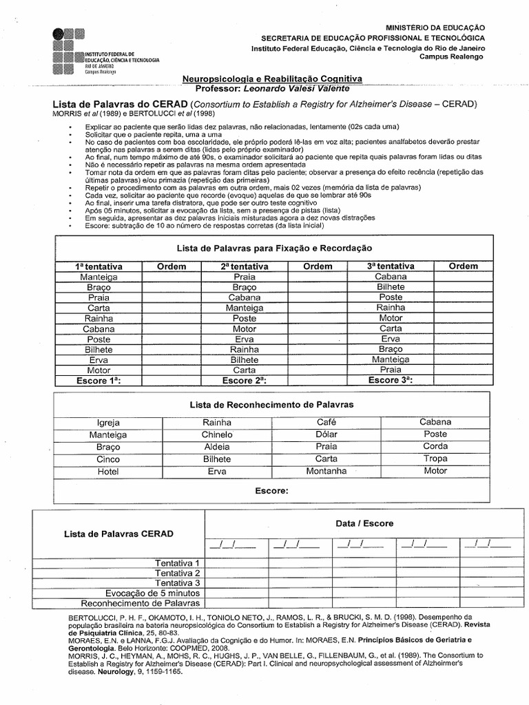 Lista de Palavras Do CERAD | PDF | Neurociência | Cognição