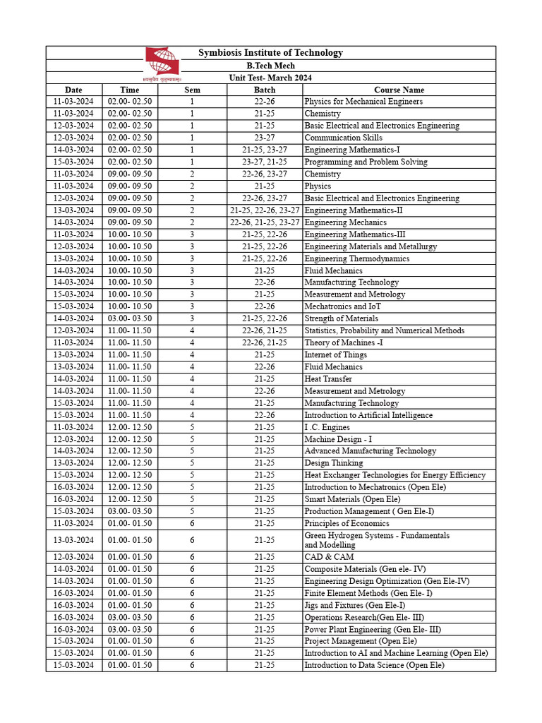 Time Table of Unit Test - March - 2024 - Mech | PDF | Engineering | Physics