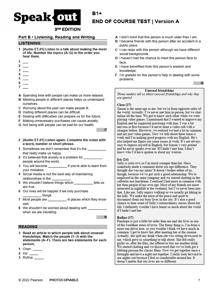 Speakout B1+ End of Course Test | PDF