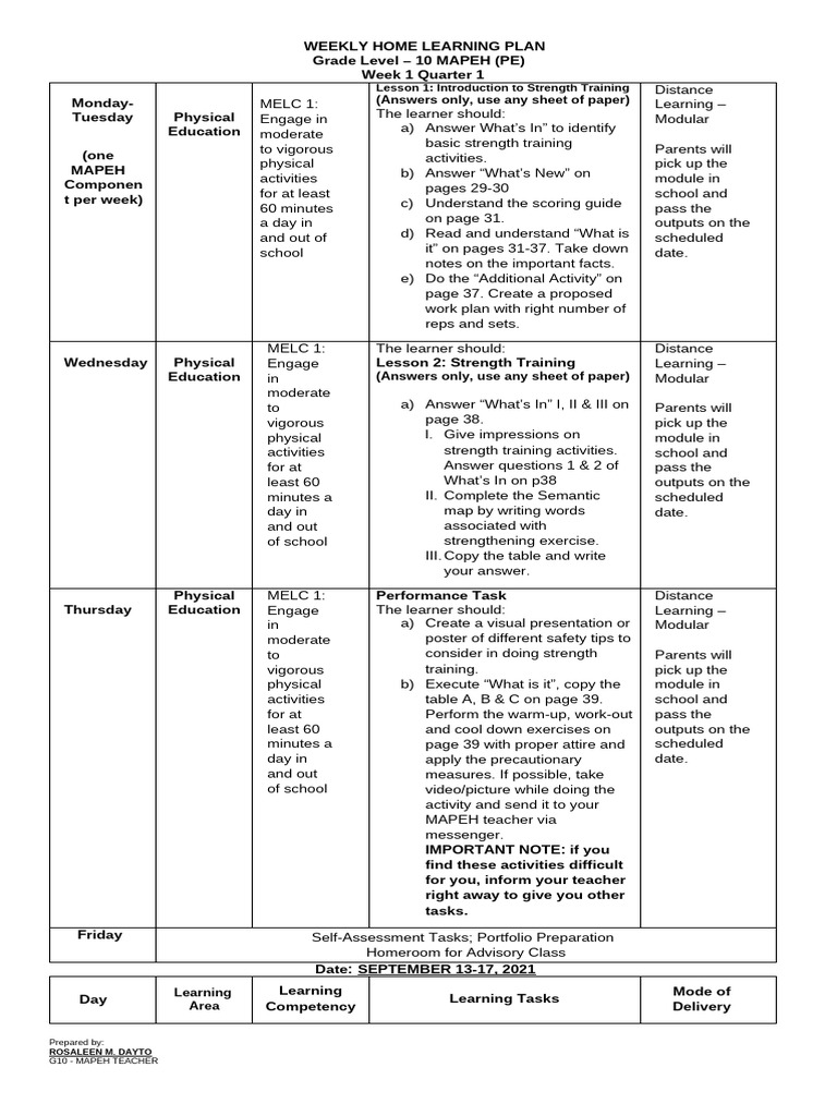 g10 Mapeh Pe Week 1 Qtr. 1 | PDF | Learning | Cognition