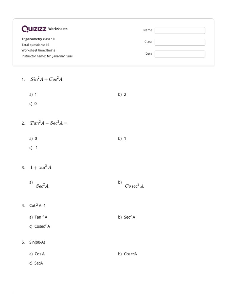 Quizizz - Trigonometry Class 10 | PDF