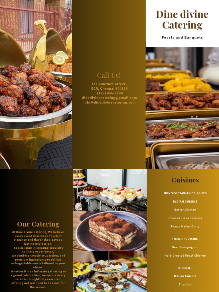 Catering Services Trifold Brochure in Red Cream Simple Structured Grids ...