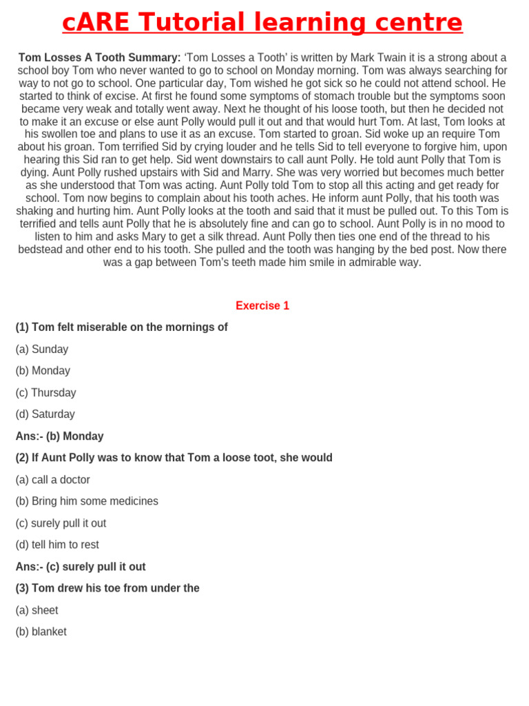 Tom Losses a Tooth | PDF