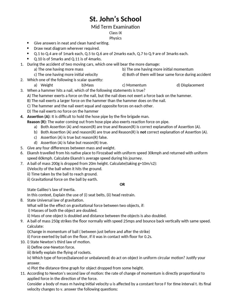 Physics Mid Term Class 9 | PDF | Force | Mass