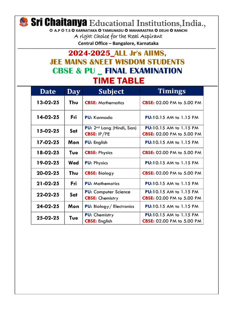 JR Jee Apex and Neet Wisdom Pre Final and Final Timetable | PDF
