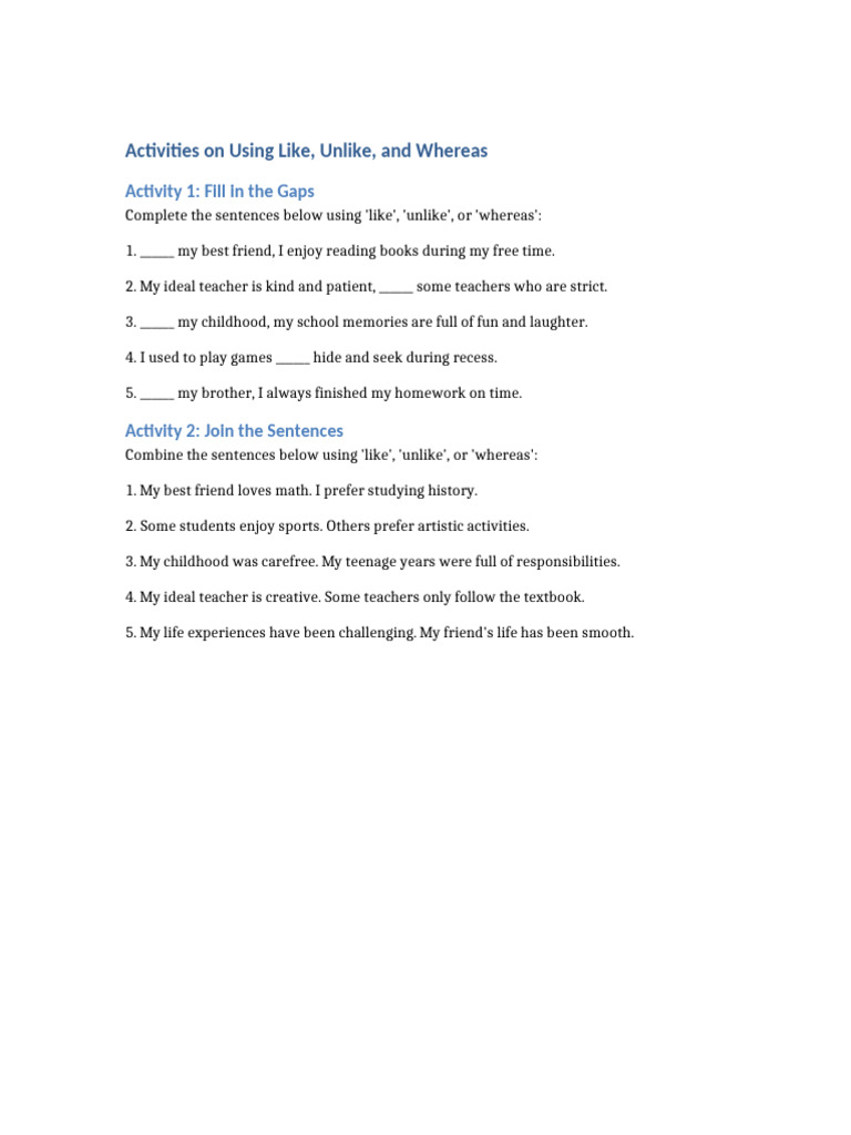 Using Like Unlike Whereas Activities | PDF