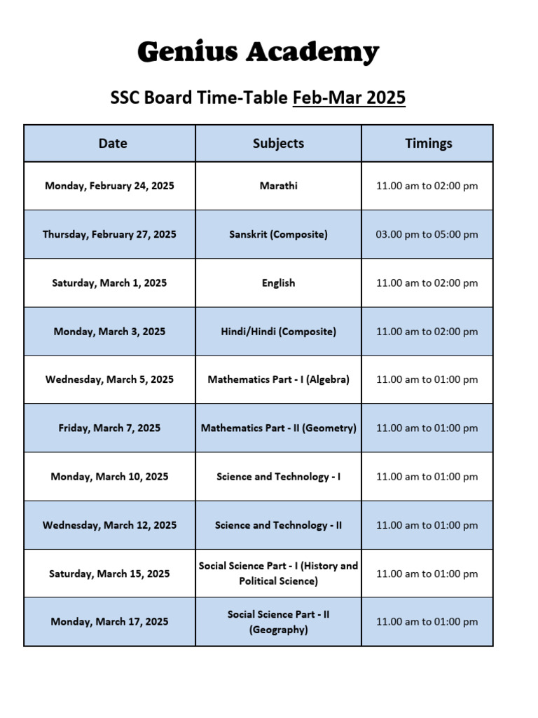 SSC Board Exam Time Table 2025 | PDF