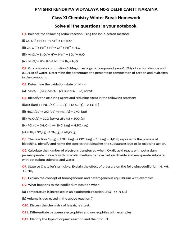 Class XI Chemistry Winter Homework | PDF | Chemical Reactions | Redox