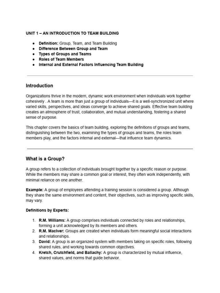 UNIT 1 - AN INTRODUCTION TO TEAM BUILDING Versiom1.0 | PDF | Team ...