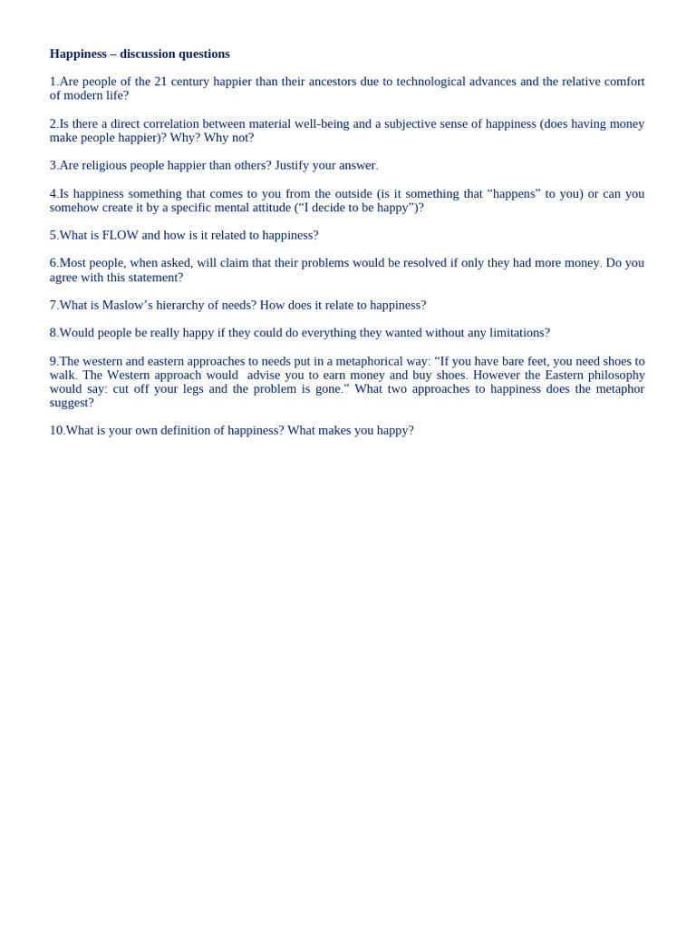 Happiness - Discussion Questions | PDF