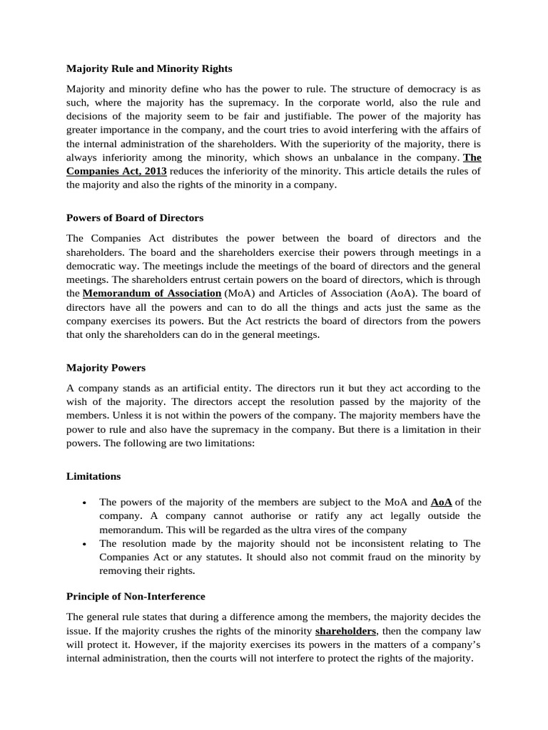 Majority Rule and Minority Rights Explained | PDF | Board Of Directors ...