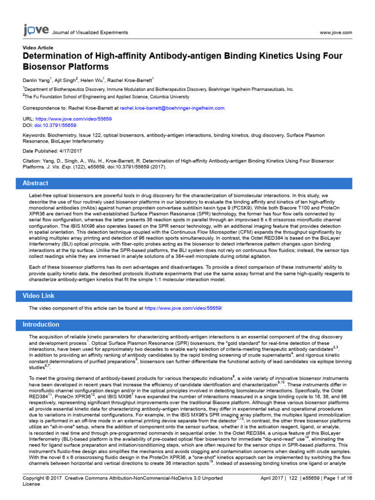 Determination of High-affinity Antibody-antigen Binding Kinetics Using Four | PDF | Biosensor ...