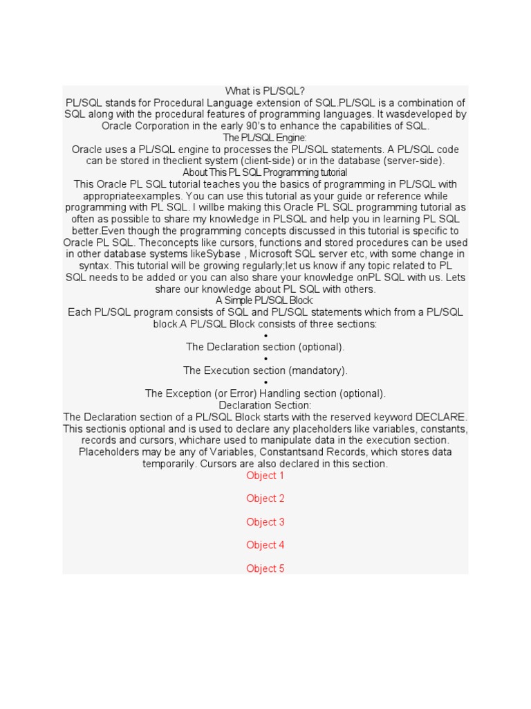Object 1 Object 2 Object 3 Object 4 Object 5 | Download Free PDF | Pl/Sql | Parameter (Computer ...