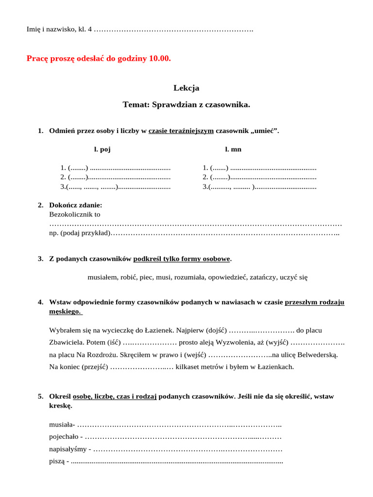 Lekcja 47 Sprawdzian Z Czasownika Kl. 4 | PDF