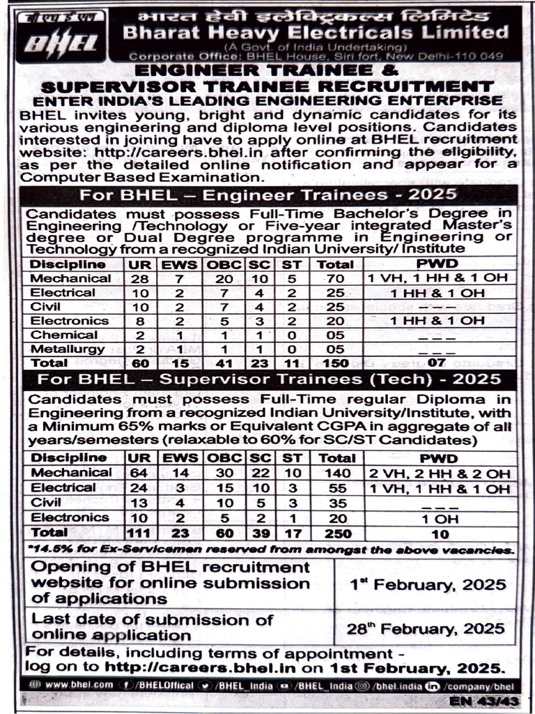 BHEL-Engineer-Trainee-and-Supervisor-Trainee-Short-Notice-2025 | PDF