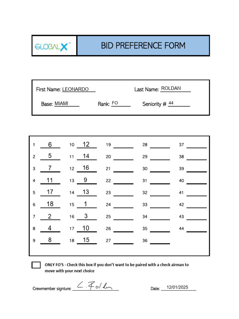 Bid Preference Form February Leonardo Roldan | PDF