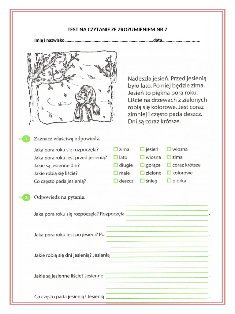 Test Na Czytanie Ze Zrozumieniem NR 7 Jesien | PDF