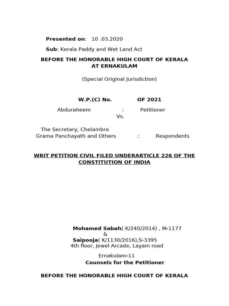 Writ Abdu Rahim Care of Haneefa Paddy Land Related | PDF | Complaint | Writ