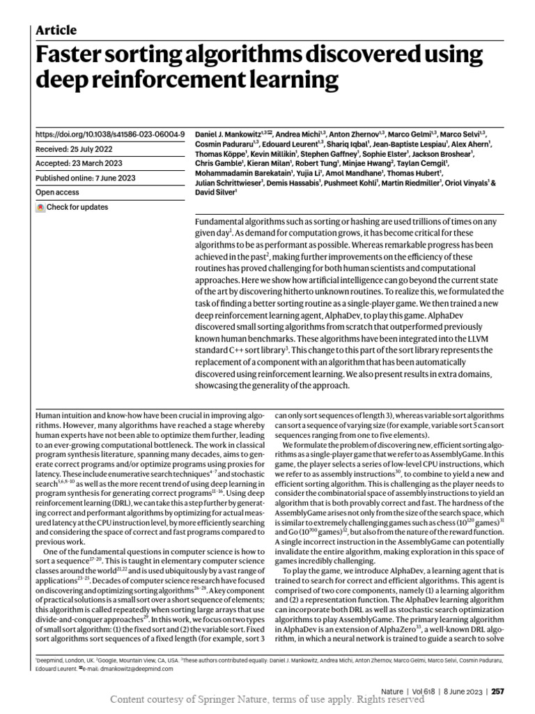 Faster Sorting Algorithms Discovered Using Deep Re | PDF | Algorithms ...