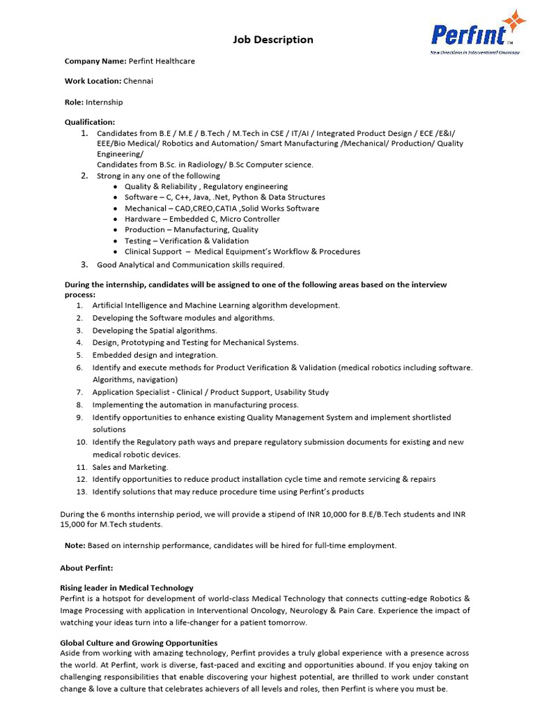 Internship Job Description Perfint Healthcare | PDF | Robotics | Automation