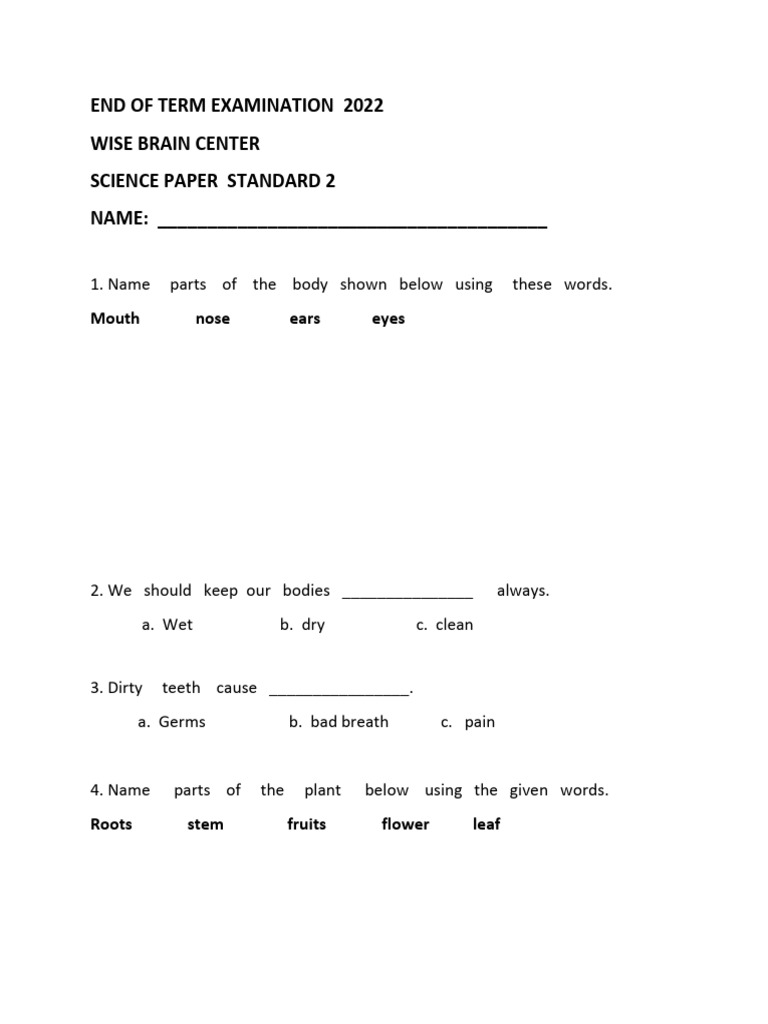 Standard 2 Science Exam 2022 | PDF | Foods | Plants