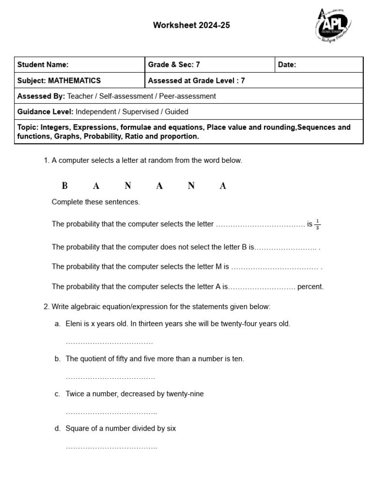 WS 02 Gr7 MATH Sem1 24 25 | PDF | Numbers | Ring (Mathematics)