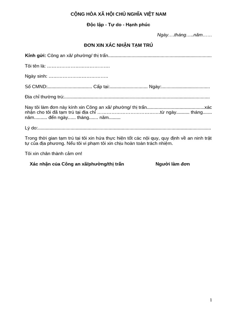 Mau Don Xin Xac Nhan Tam Tru Tam Vang 0404094935 | PDF