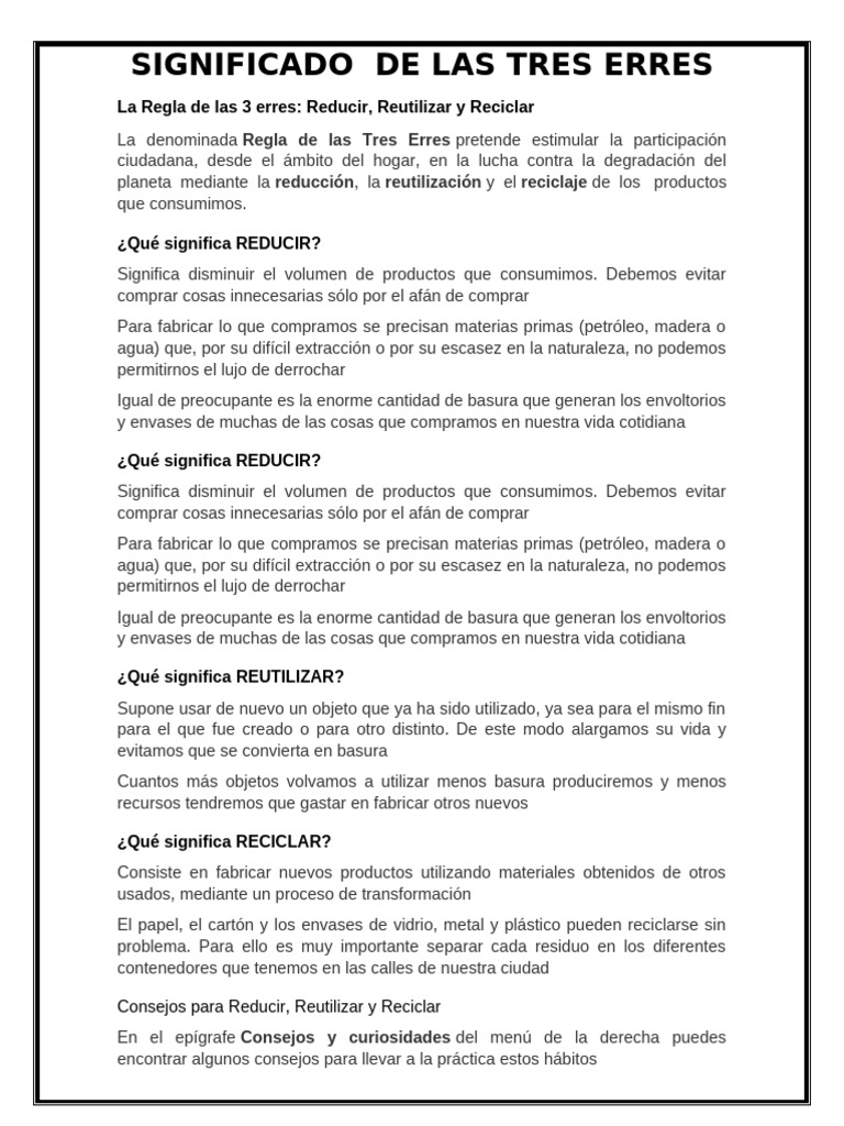 Significado de las Tres Erres: Reducir, Reutilizar, Reciclar | PDF