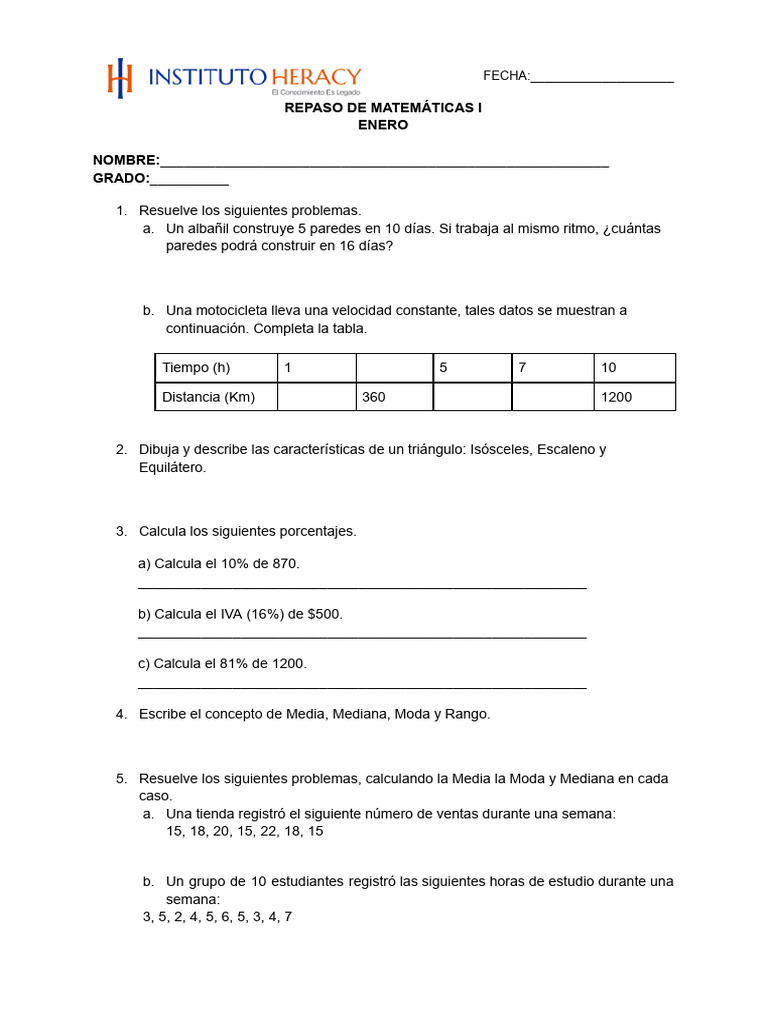 Repaso de Matemáticas I: Ejercicios y Problemas | PDF