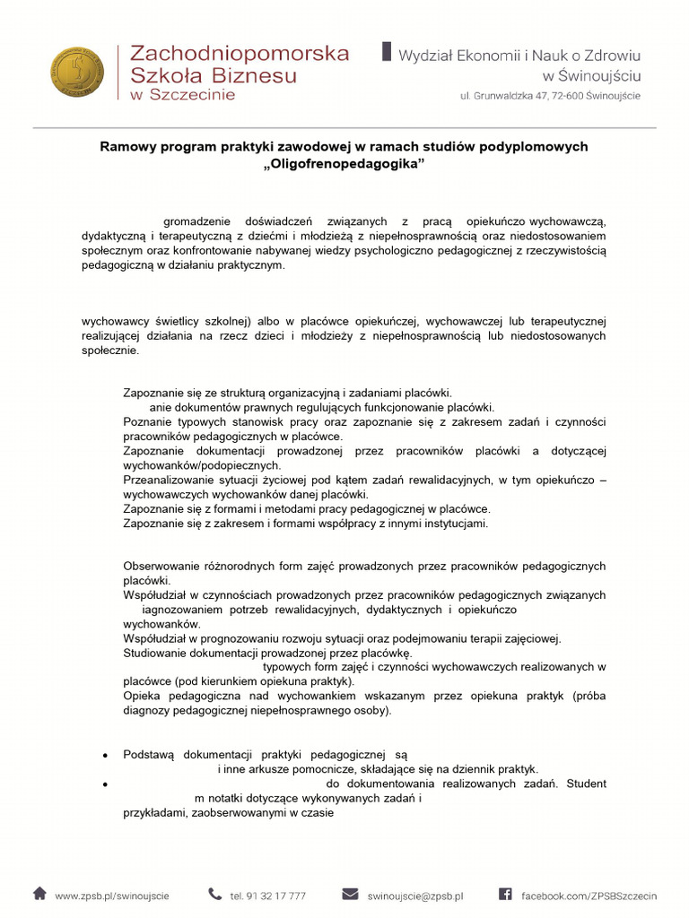 OLIGOFRENOPEDAGOGIKA Ramowy Program Praktyki Zawodowej W Ramach Studiów Podyplomowych | PDF