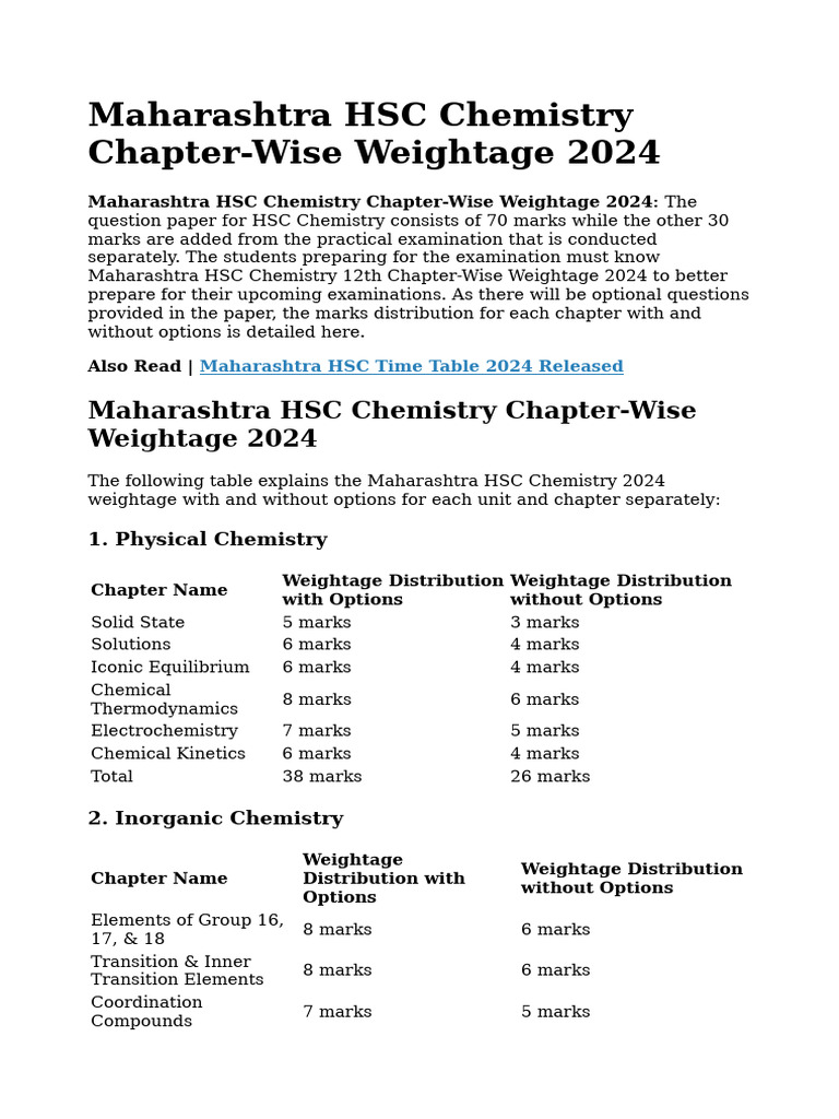 Maharashtra HSC CHEMISTRY Chapter-Wise Weightage 2024 | PDF | Chemistry | Organic Chemistry