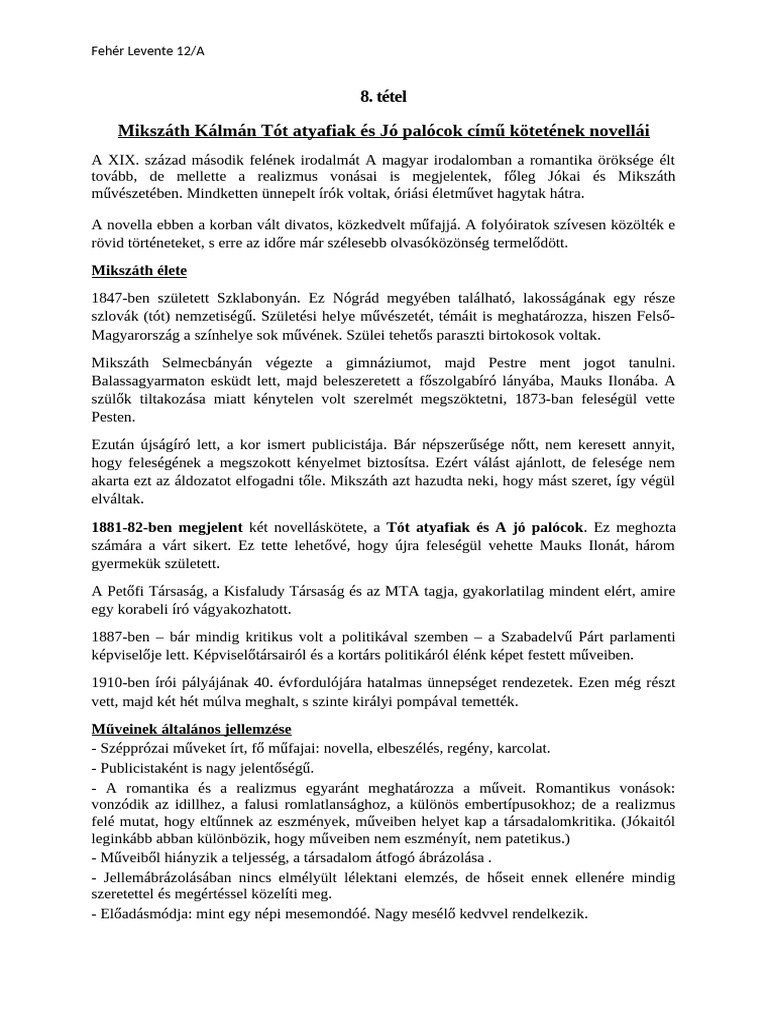 Tétel - Mikszáth - Jó Palócok | PDF