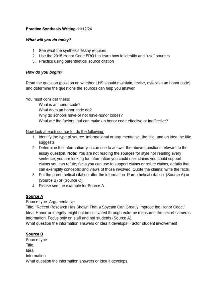 Practice Synthesis Writing - Source Use | PDF